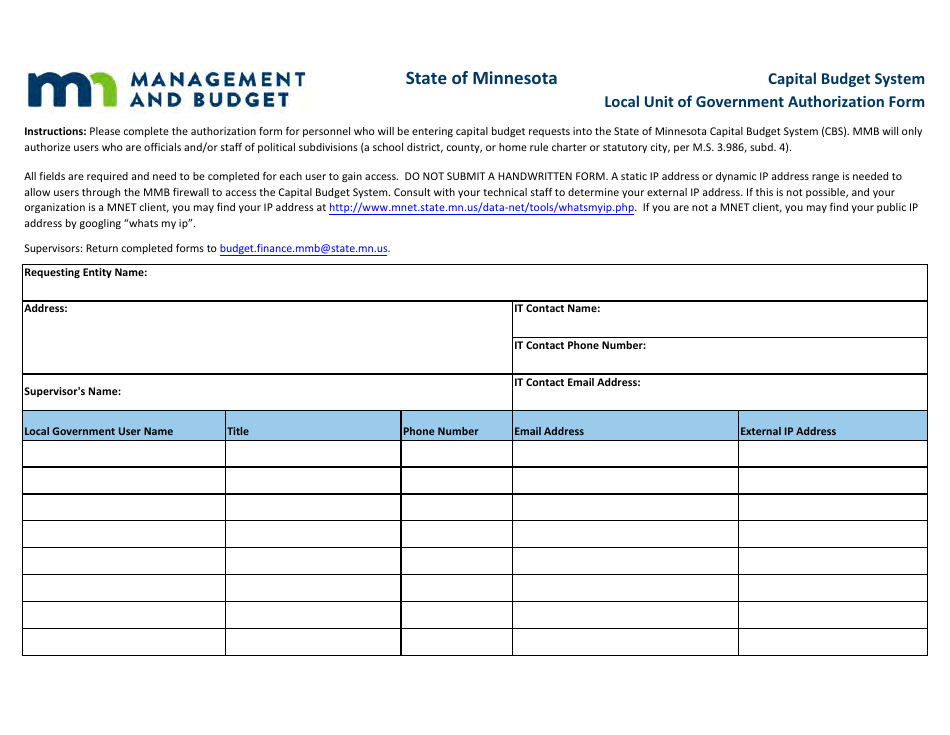 Minnesota Capital Budget System Local Unit of Government Authorization ...