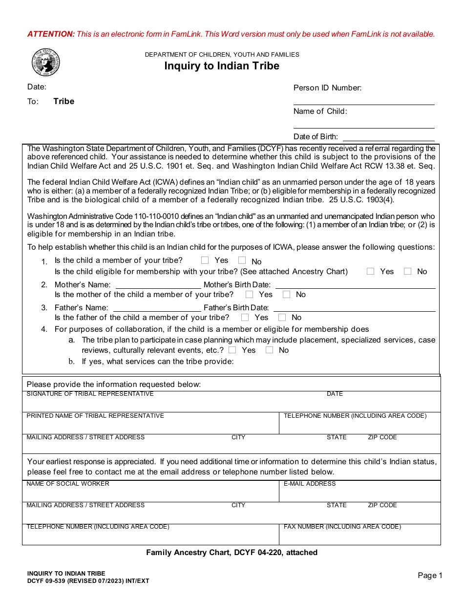 DCYF Form 09-539 Download Fillable PDF or Fill Online Inquiry to Indian ...