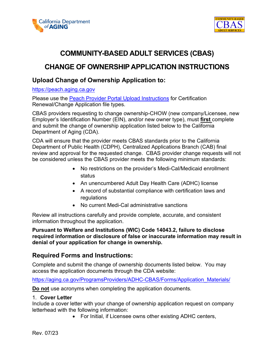 California Community-Based Adult Services (Cbas) Change of Ownership Application Instructions ...