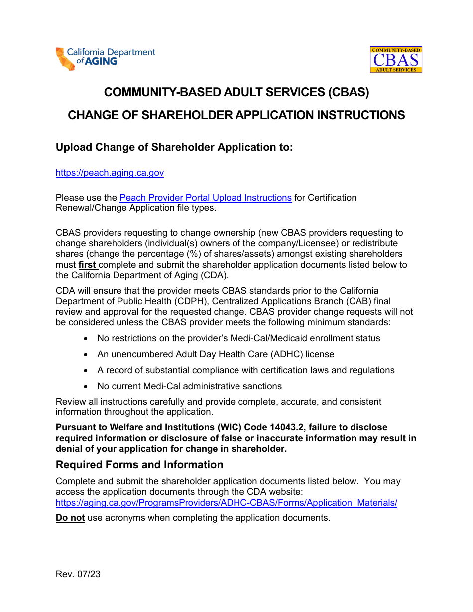 California Community-Based Adult Services (Cbas) Change of Shareholder Application Instructions ...
