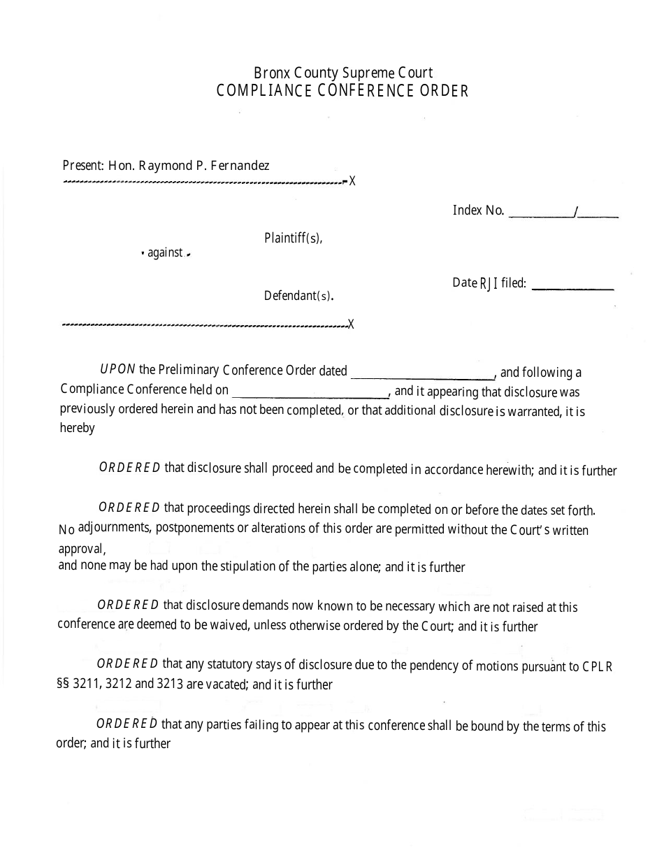 Bronx County, New York Compliance Conference Order Download Fillable PDF 2008 — 2026 ...