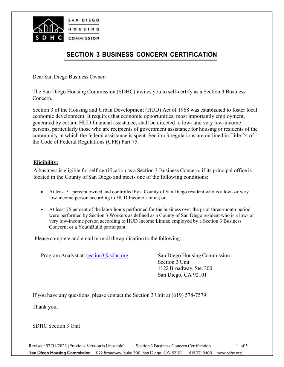 City of San Diego, California Section 3 Business Concern Certification ...