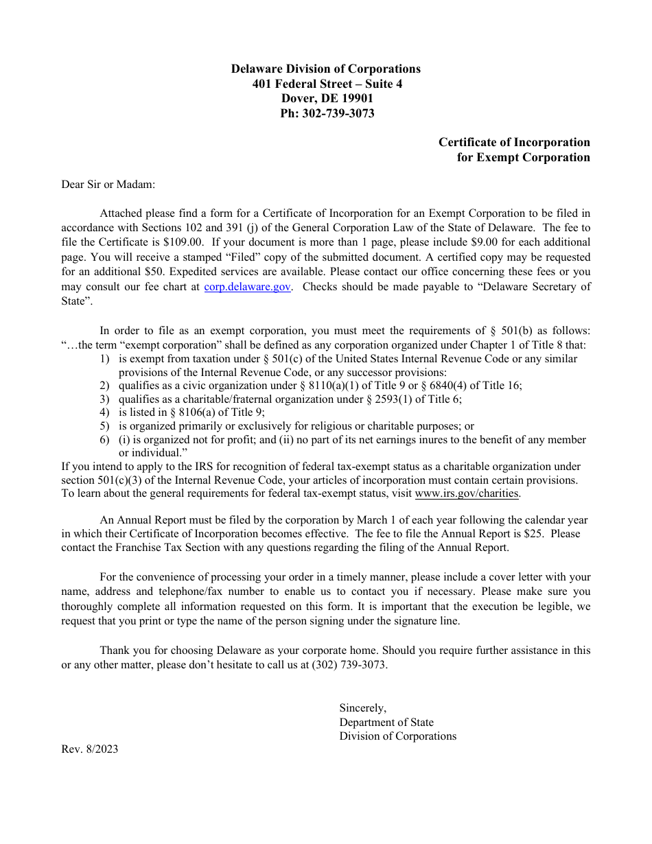 Delaware Certificate of Incorporation for Exempt Corporation - Fill Out ...
