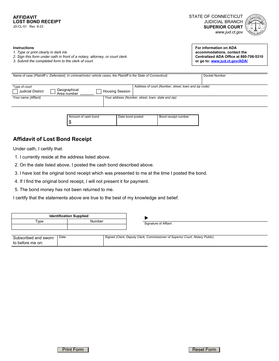 Form JD-CL-51 Download Fillable PDF or Fill Online Affidavit of Lost ...