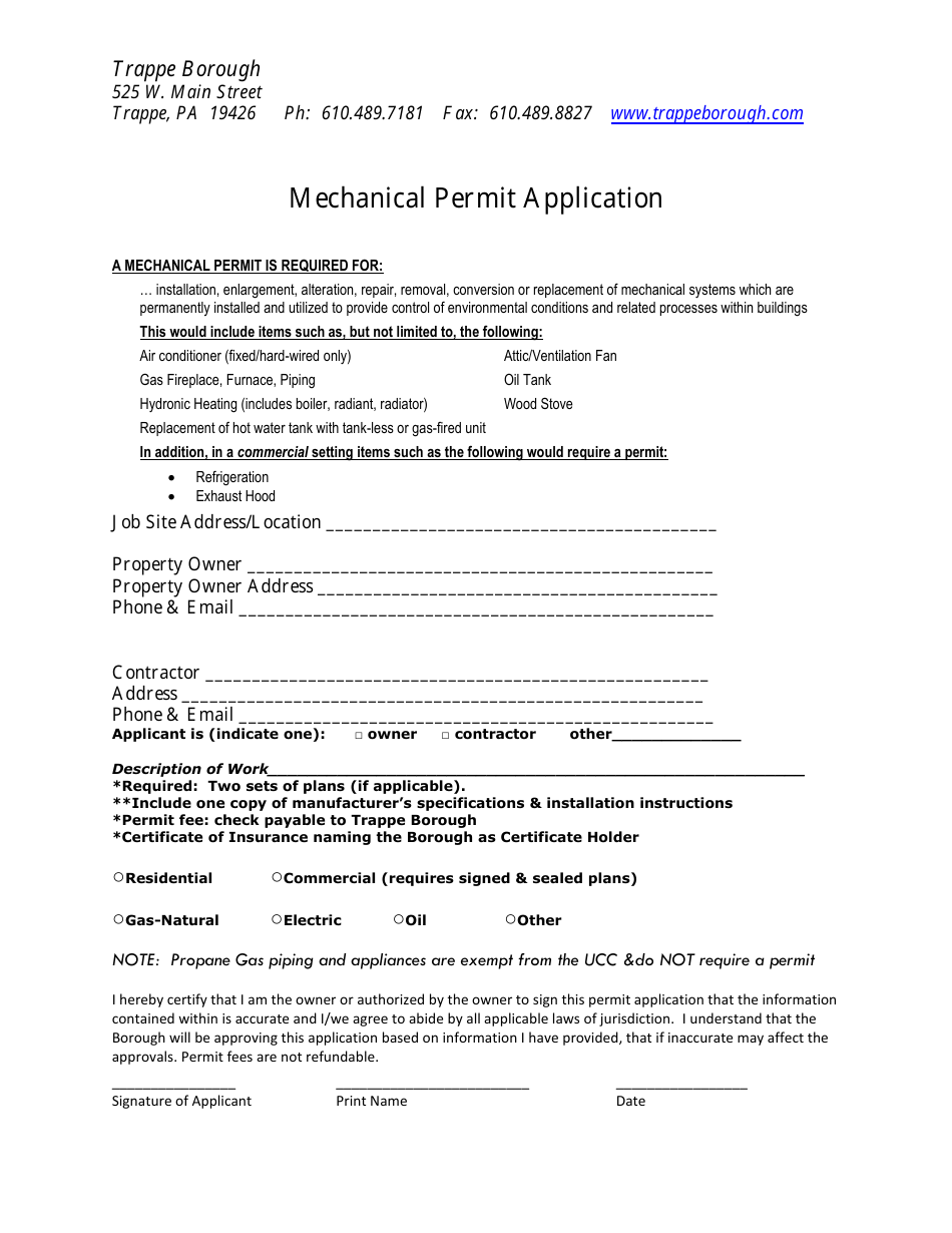 Trappe Borough, Pennsylvania Mechanical Permit Application - Fill Out ...