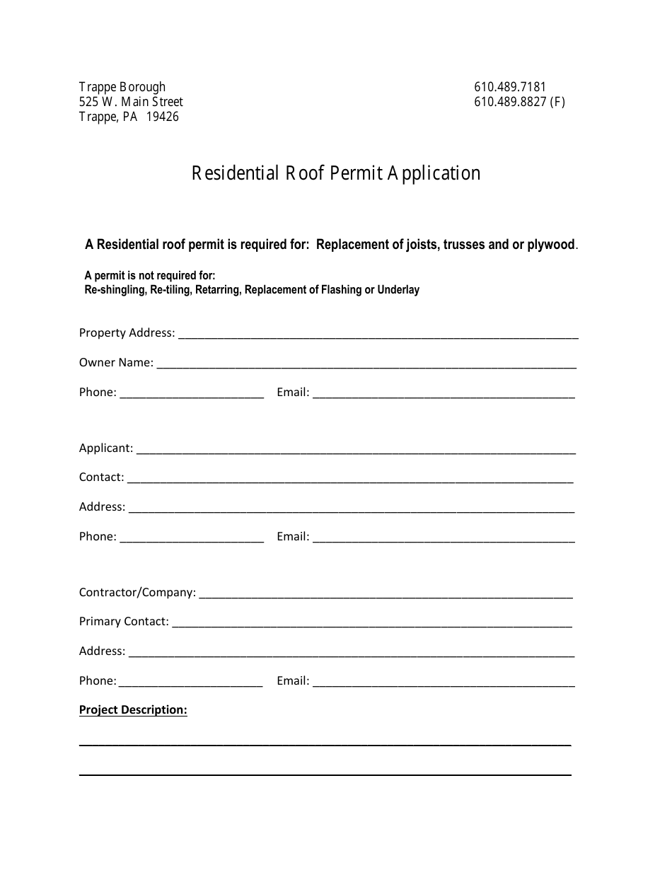 Trappe Borough, Pennsylvania Residential Roof Permit Application - Fill ...