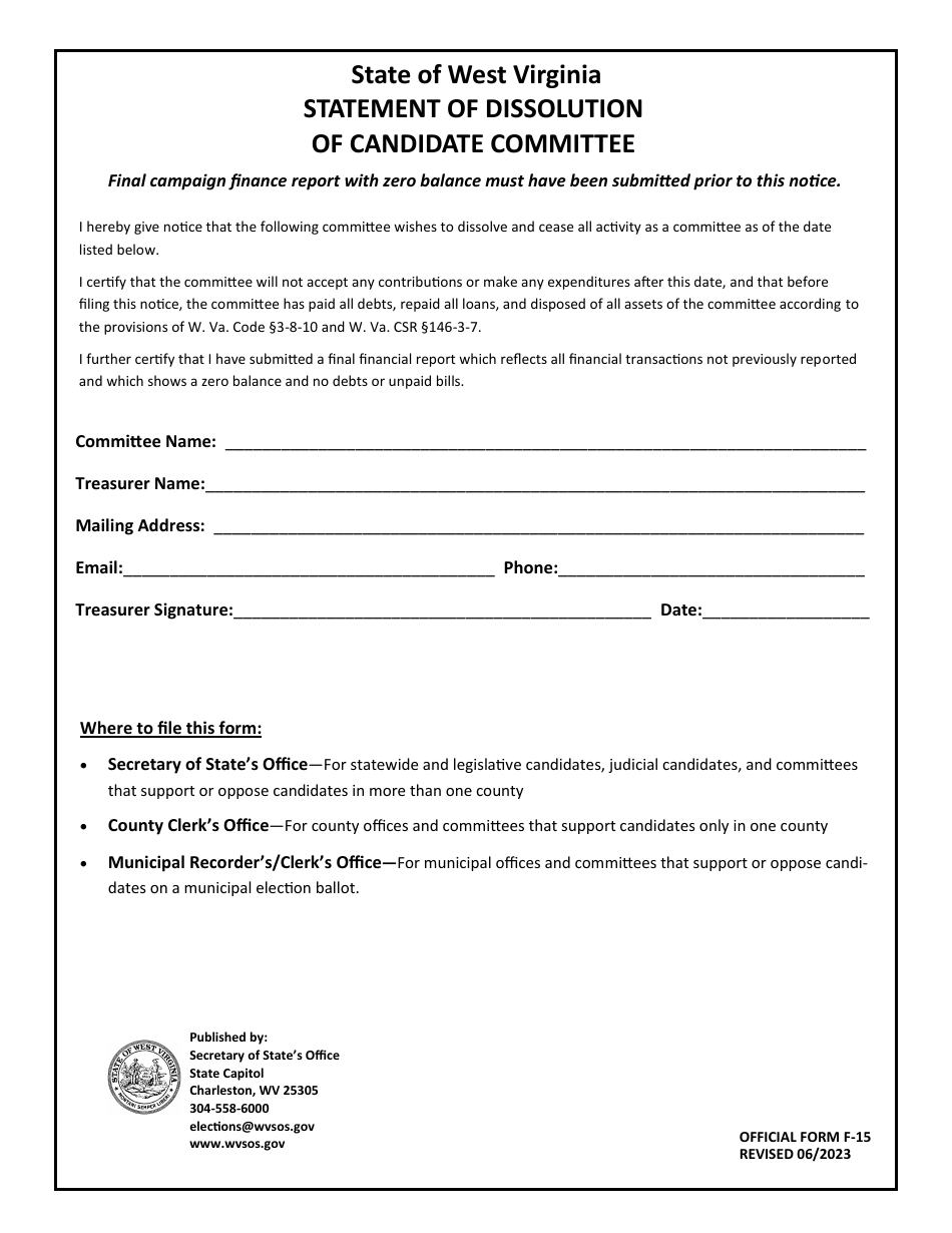 Official Form F-15 - Fill Out, Sign Online and Download Printable PDF, West Virginia ...