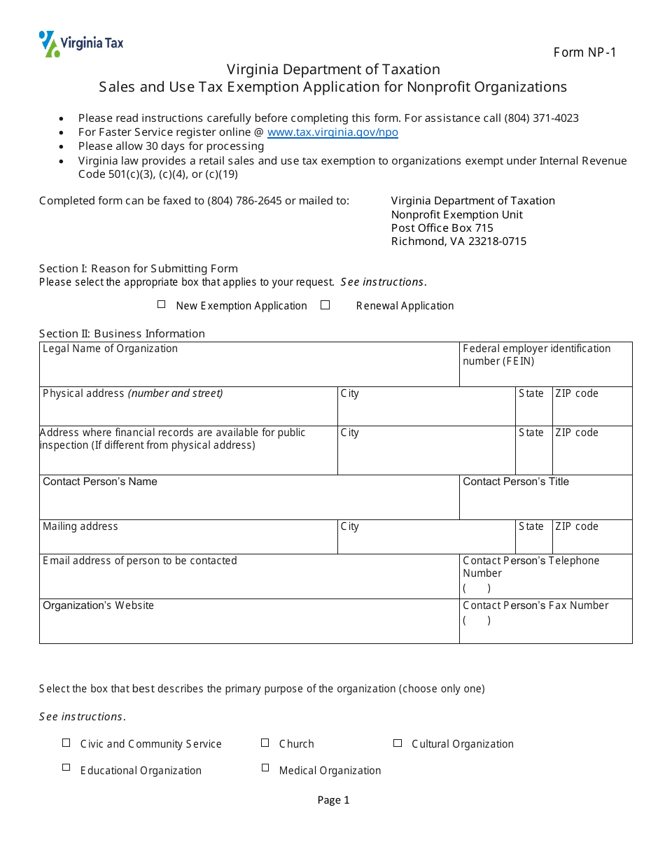 Form NP-1 - Fill Out, Sign Online and Download Fillable PDF, Virginia ...