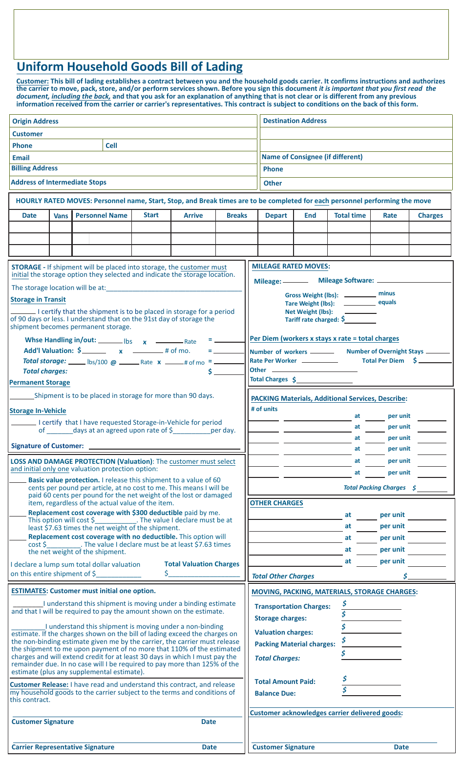 Washington Uniform Household Goods Bill of Lading - Fill Out, Sign ...