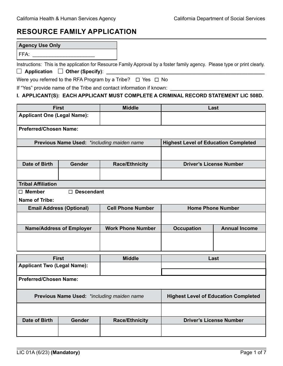 Form LIC01A Download Fillable PDF or Fill Online Resource Family ...