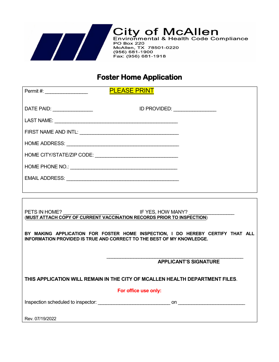 City of McAllen, Texas Foster Home Application - Fill Out, Sign Online ...