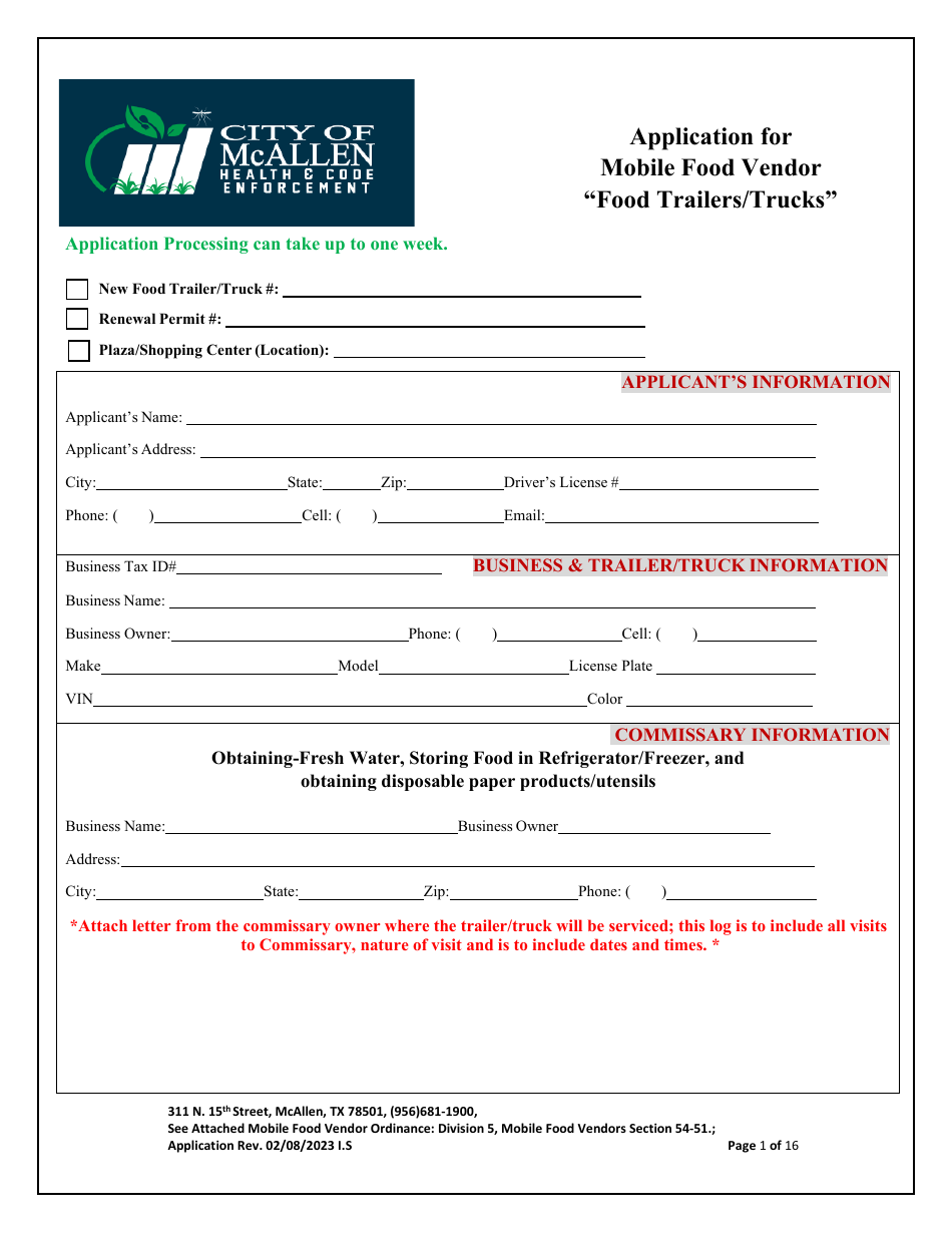 City of McAllen, Texas Application for Mobile Food Vendor - "food ...