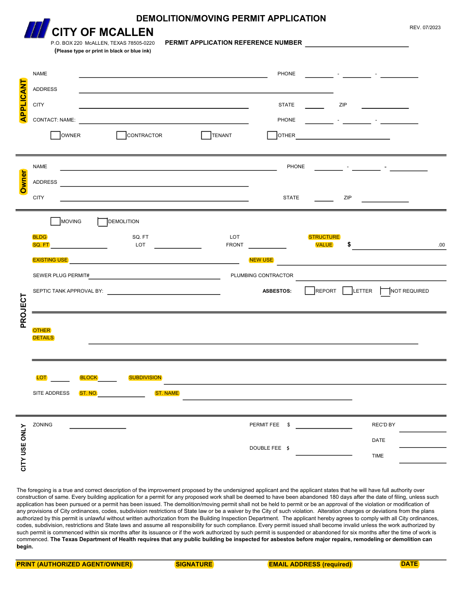 City of McAllen, Texas Demolition/Moving Permit Application - Fill Out, Sign Online and Download ...