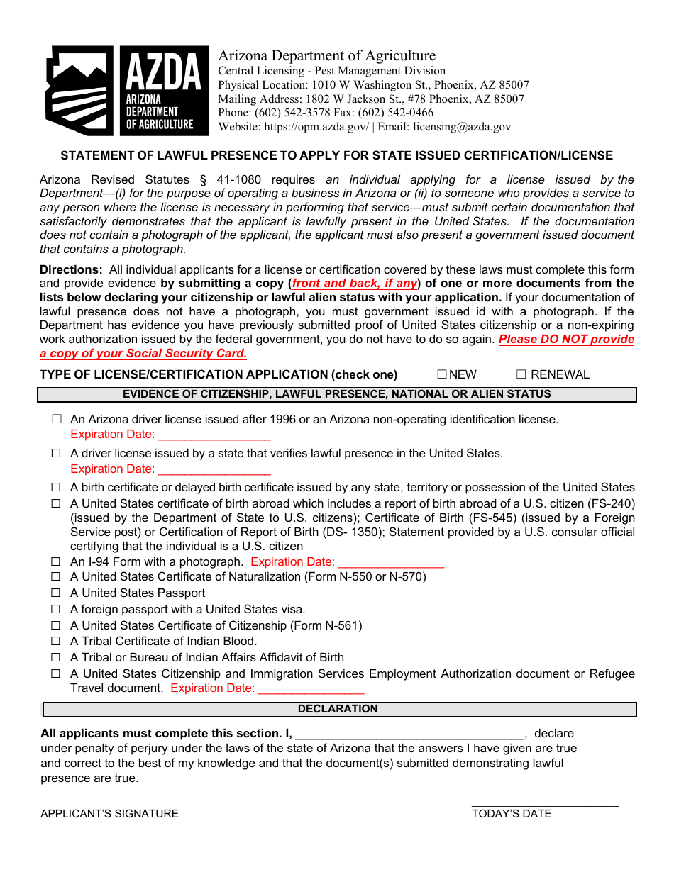 Arizona Statement of Lawful Presence to Apply for State Issued ...