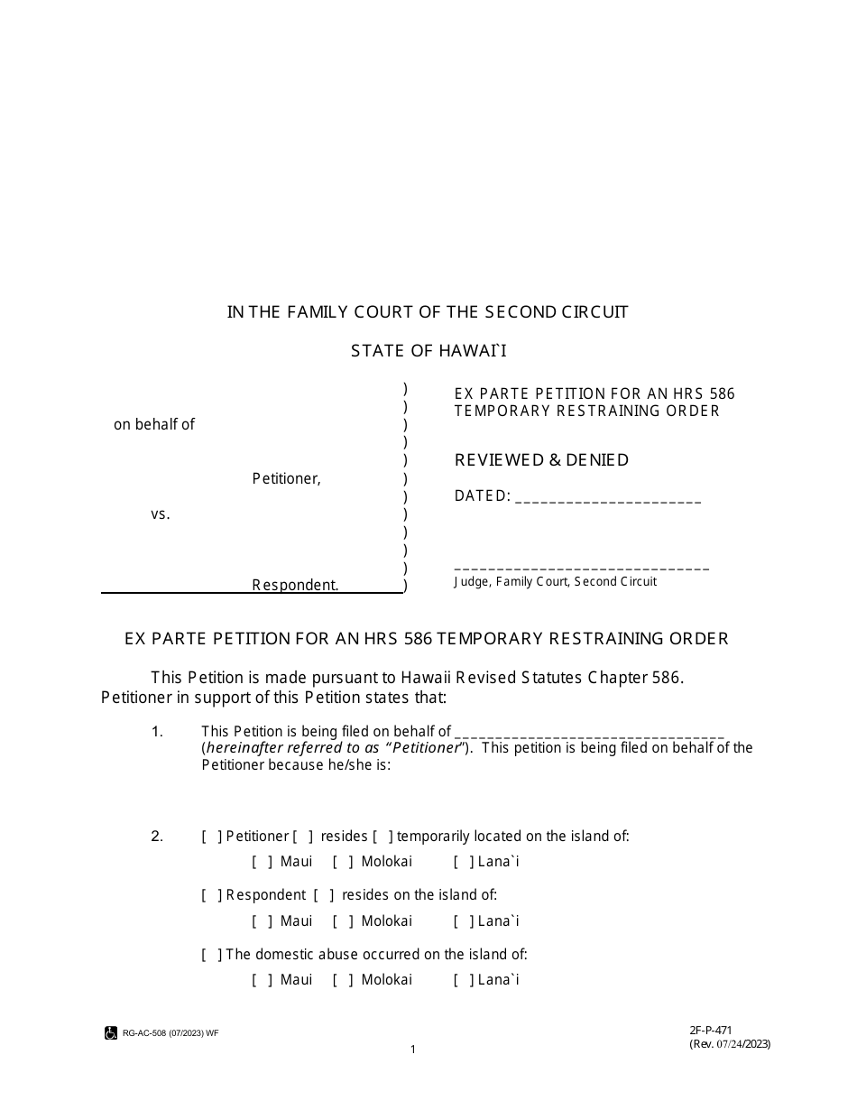 Form 2F-P-471 Download Fillable PDF or Fill Online Ex Parte Petition for an Hrs 586 Temporary ...