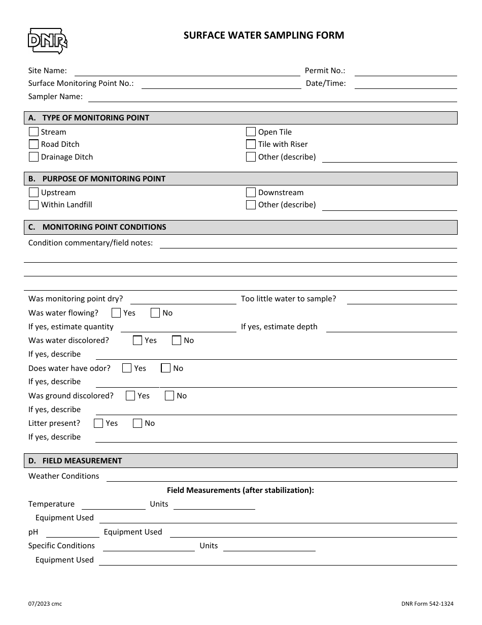 DNR Form 542-1324 Download Fillable PDF or Fill Online Surface Water ...