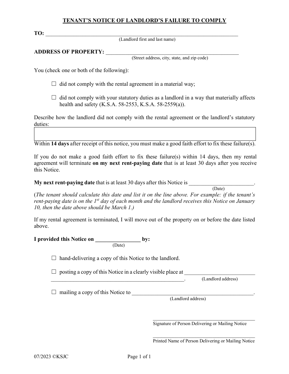 Kansas Tenant's Notice of Landlord's Failure to Comply - Fill Out, Sign ...