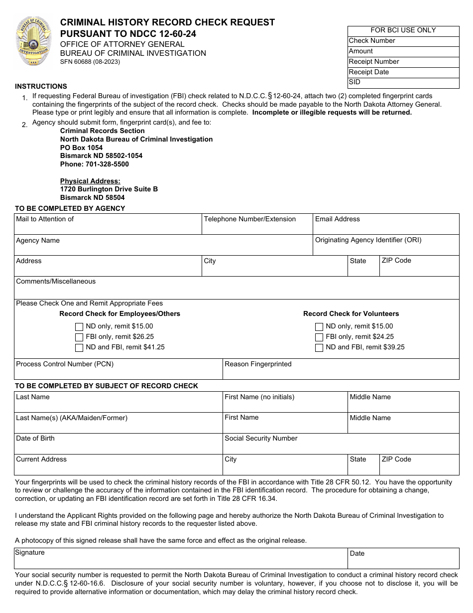 Form SFN60688 Download Fillable PDF or Fill Online Criminal History ...