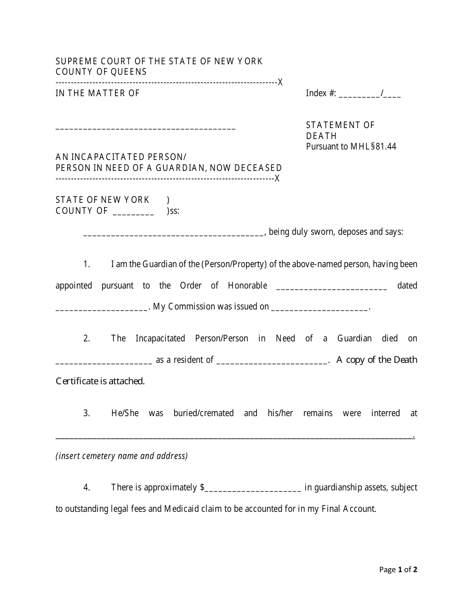 Qeens County, New York Statement of Death - Fill Out, Sign Online and ...