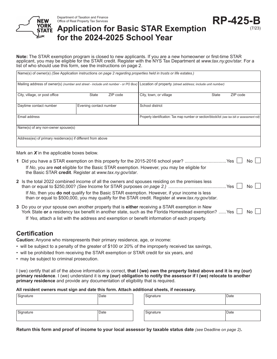Form RP-425-B Download Fillable PDF or Fill Online Application for ...