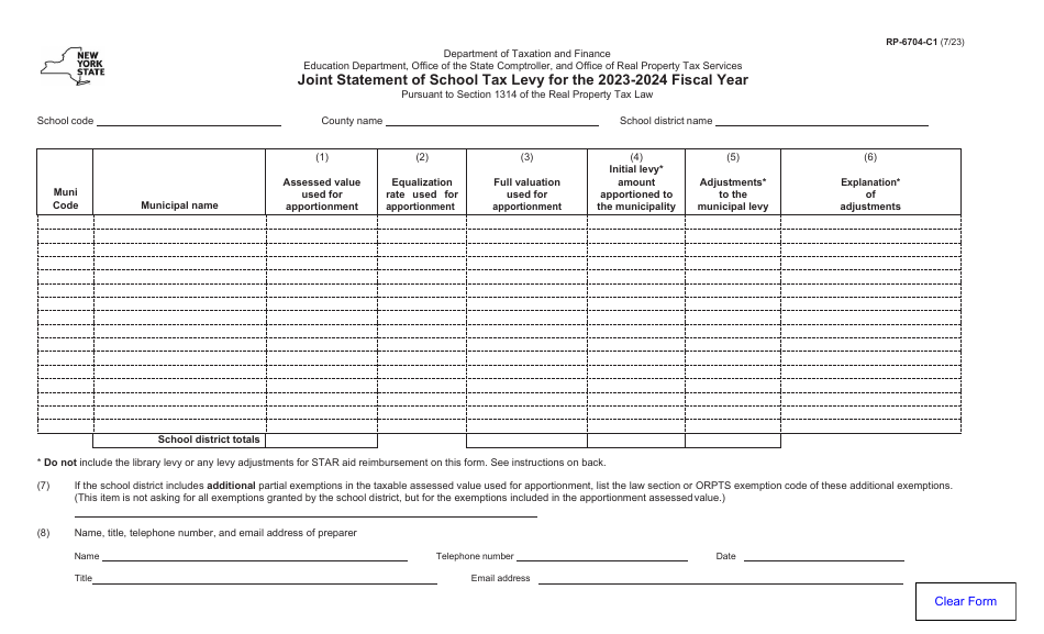 Form RP-6704-C1 Download Fillable PDF or Fill Online Joint Statement of ...