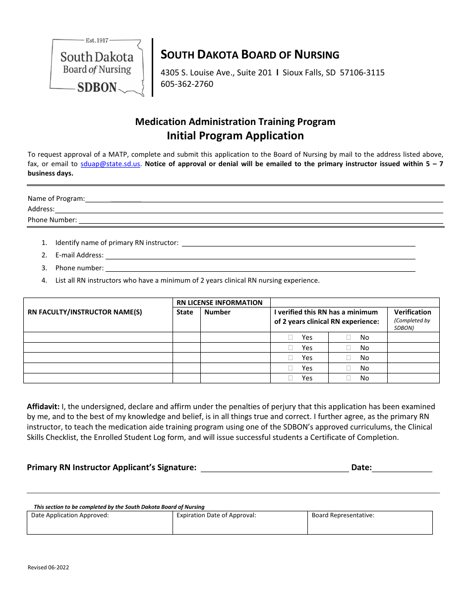 South Dakota Initial Program Application - Medication Administration ...