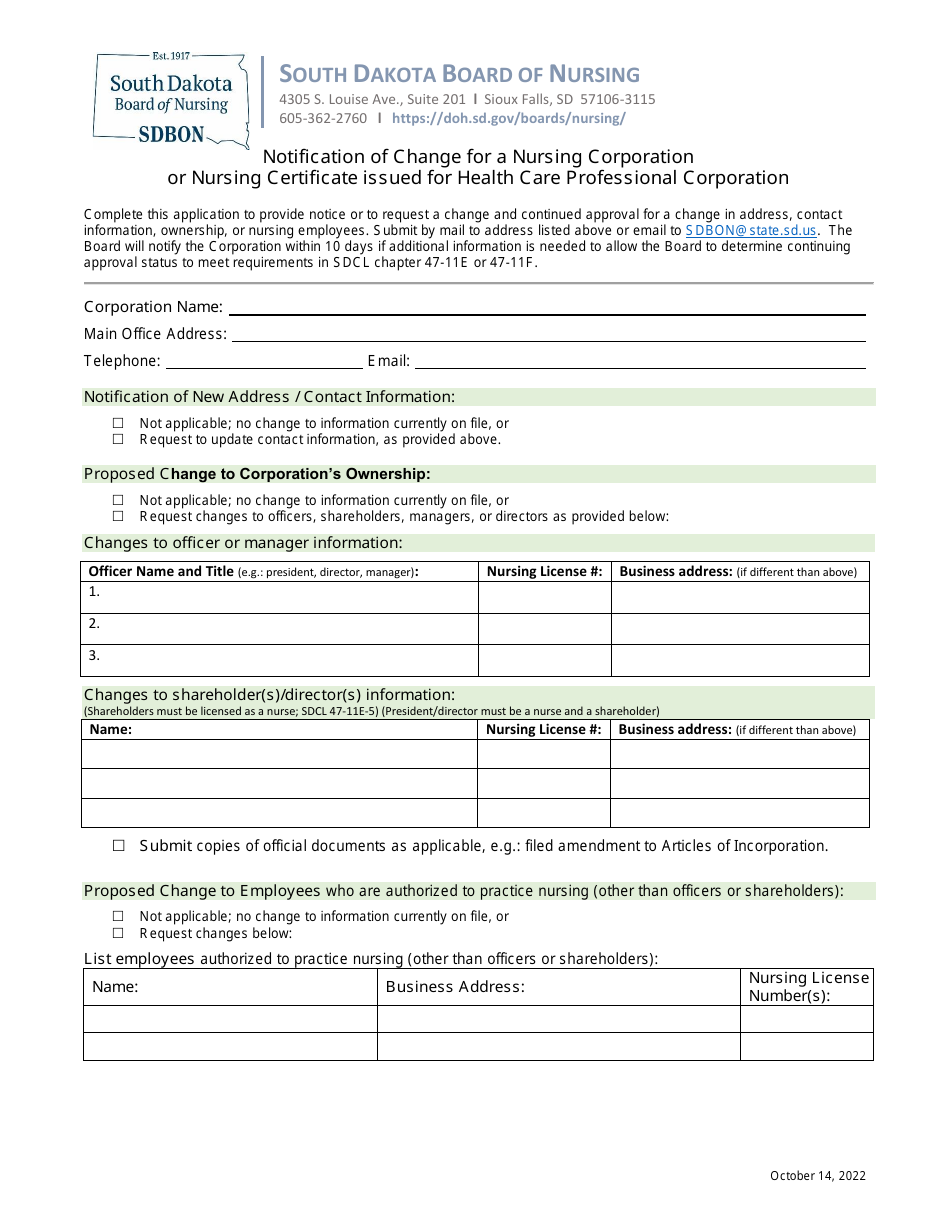 South Dakota Notification of Change for a Nursing Corporation or ...