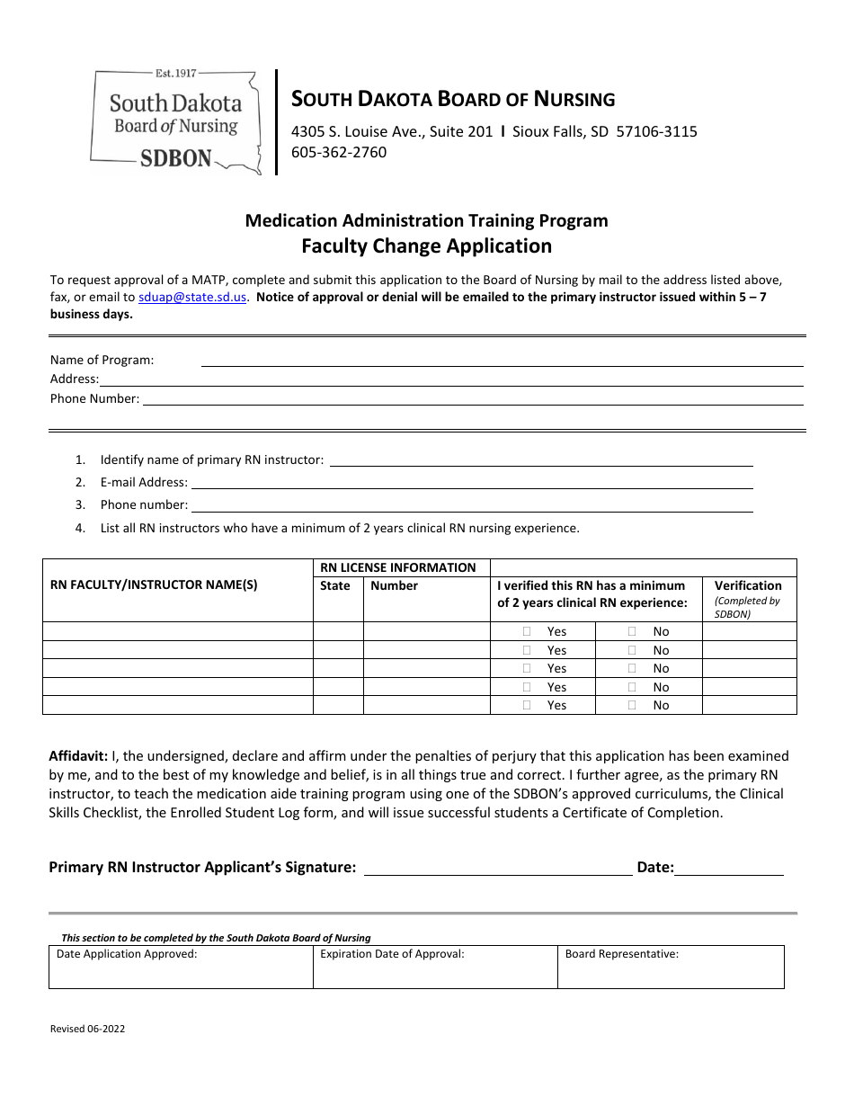 South Dakota Faculty Change Application - Medication Administration ...