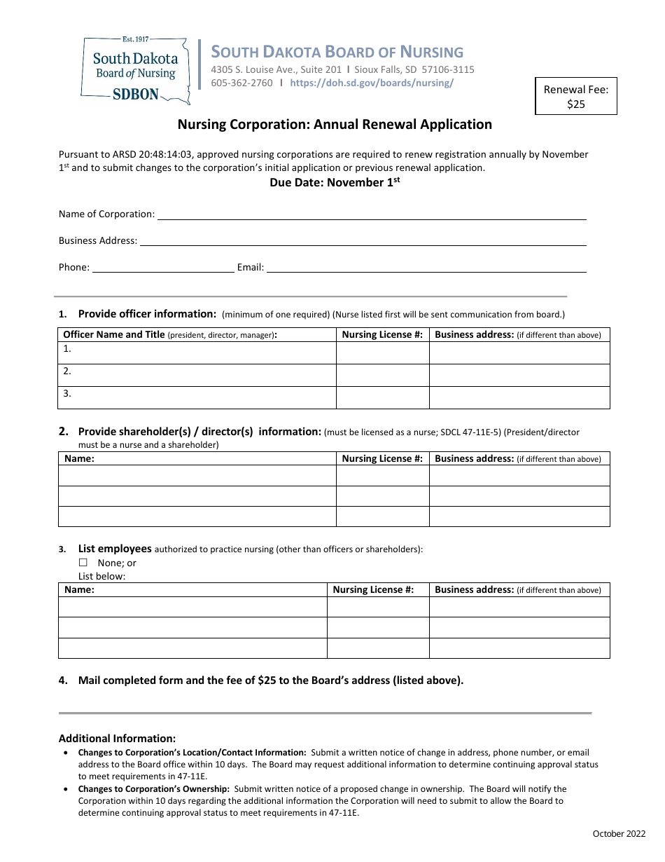 South Dakota Annual Renewal Application - Nursing Corporation - Fill ...