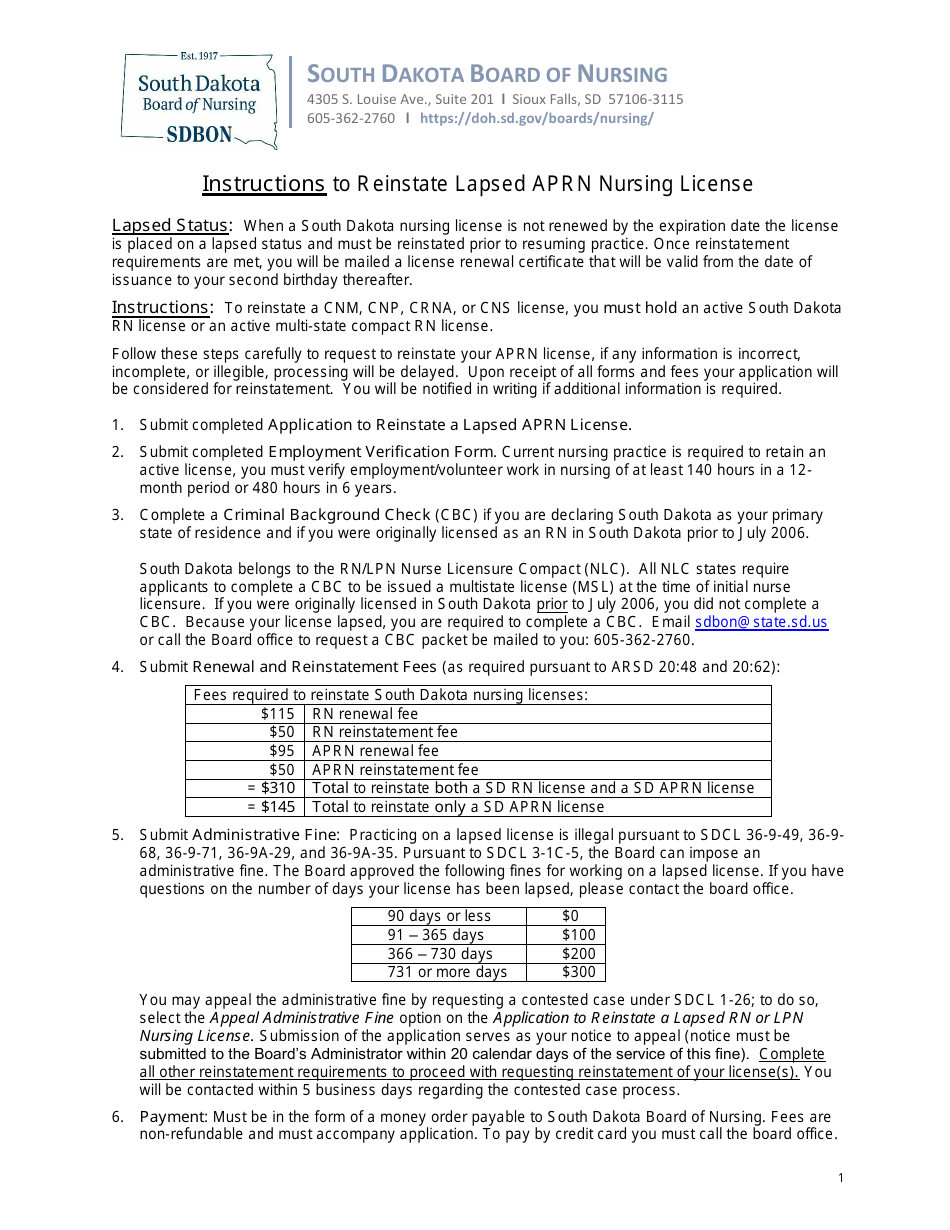 South Dakota Application to Reinstate a Lapsed Aprn License - Fill Out ...