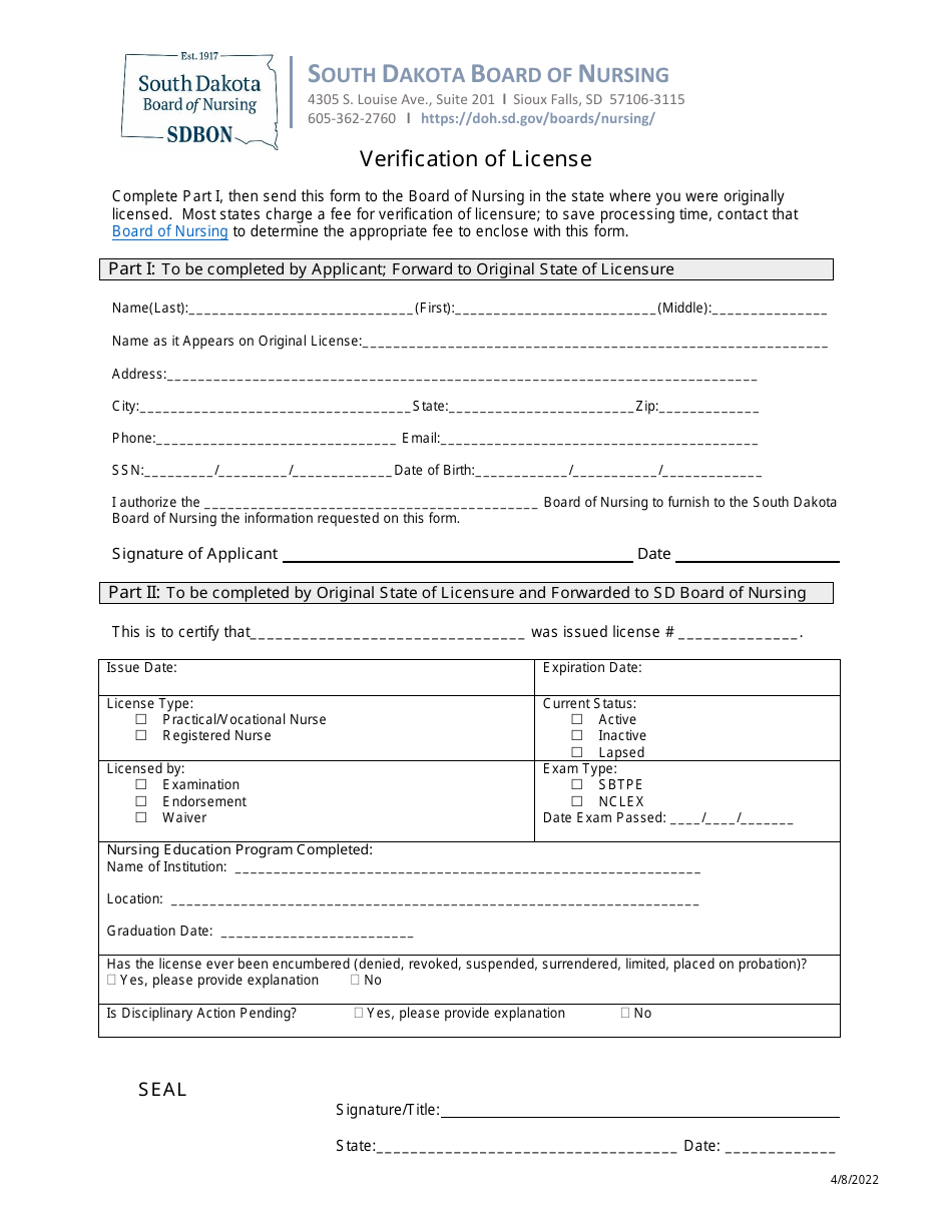 South Dakota Verification of License - Fill Out, Sign Online and ...