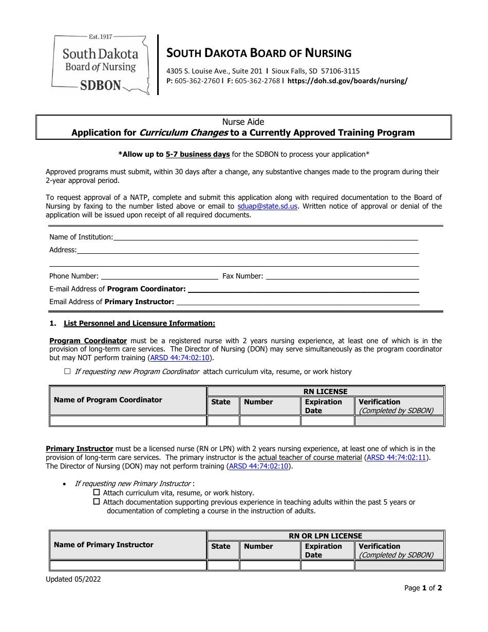 South Dakota Application for Curriculum Changes to a Currently Approved Training Program - Fill ...