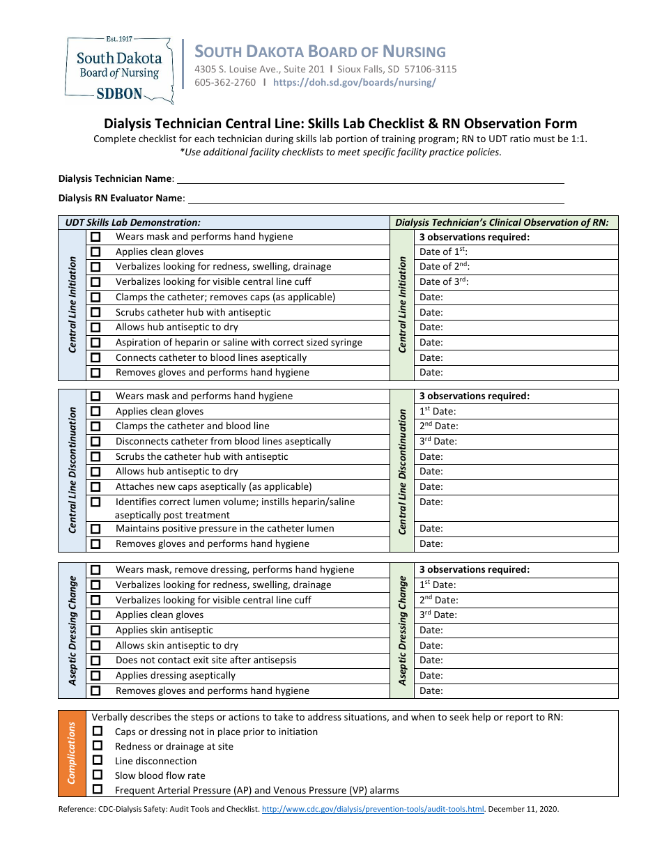 South Dakota Dialysis Technician Central Line: Skills Lab Checklist ...