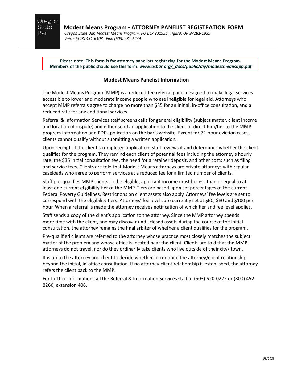 Oregon Attorney Panelist Registration Form - Modest Means Program - Fill Out, Sign Online and ...