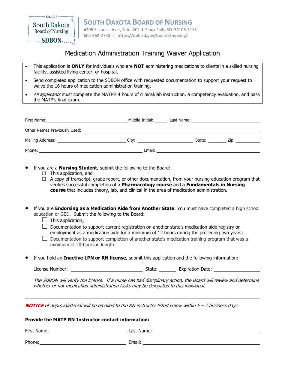 South Dakota Medication Administration Training Waiver Application ...