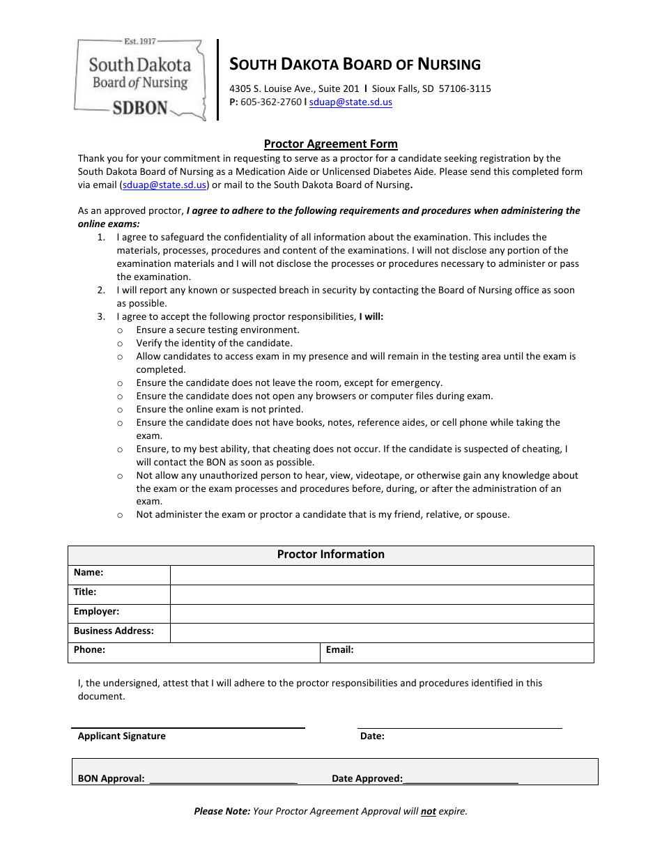South Dakota Proctor Agreement Form - Fill Out, Sign Online and Download PDF | Templateroller