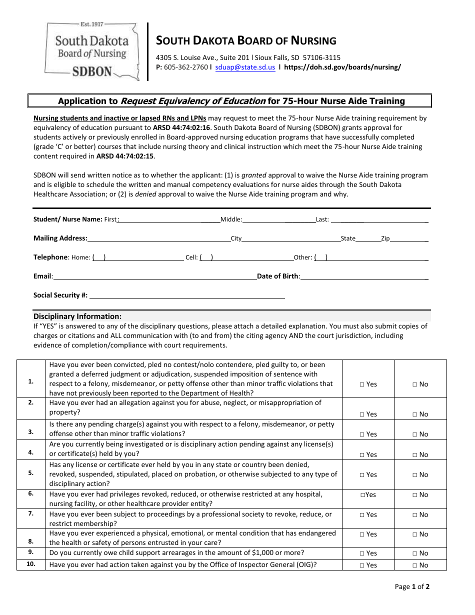 South Dakota Application to Request Equivalency of Education for 75-hour Nurse Aide Training ...