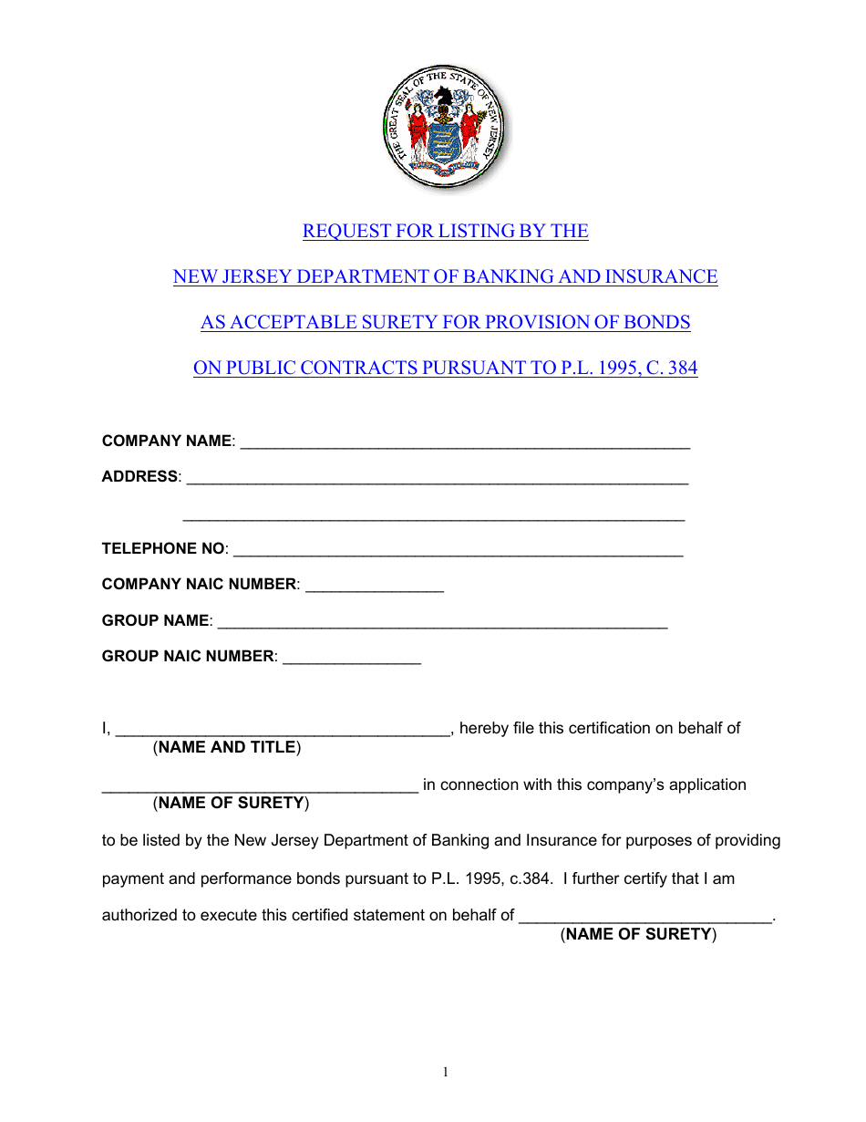 New Jersey Request for Listing by the New Jersey Department of Banking ...
