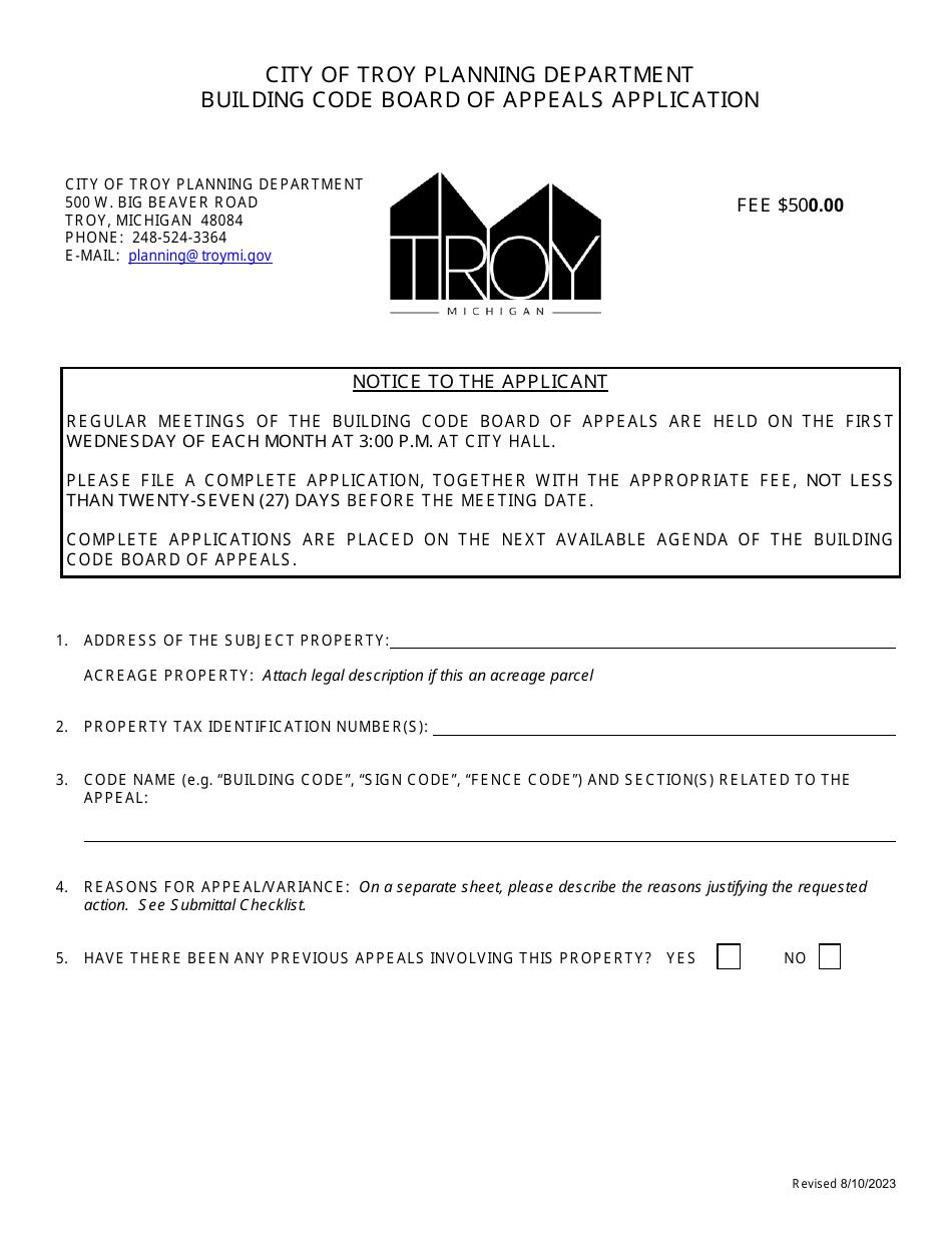 City of Troy, Michigan Building Code Board of Appeals Application ...