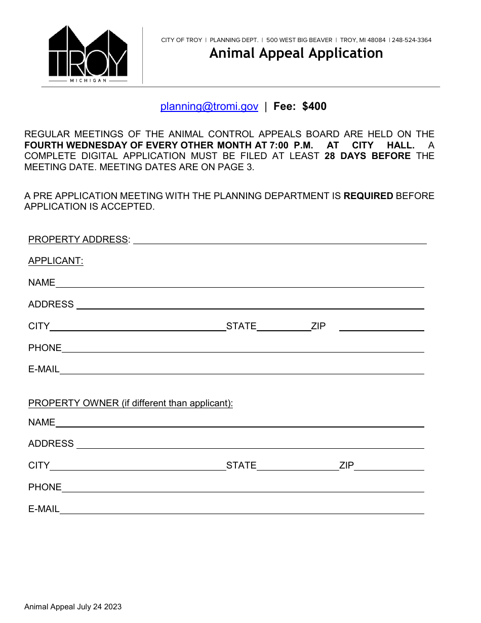 2023 City of Troy, Michigan Animal Appeal Application Download Fillable ...