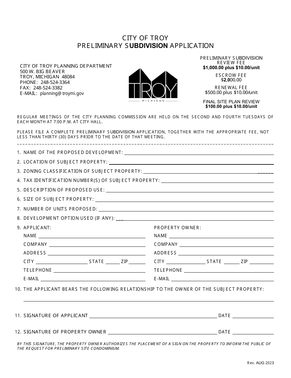 City of Troy, Michigan Preliminary Subdivision Application - Fill Out, Sign Online and Download ...