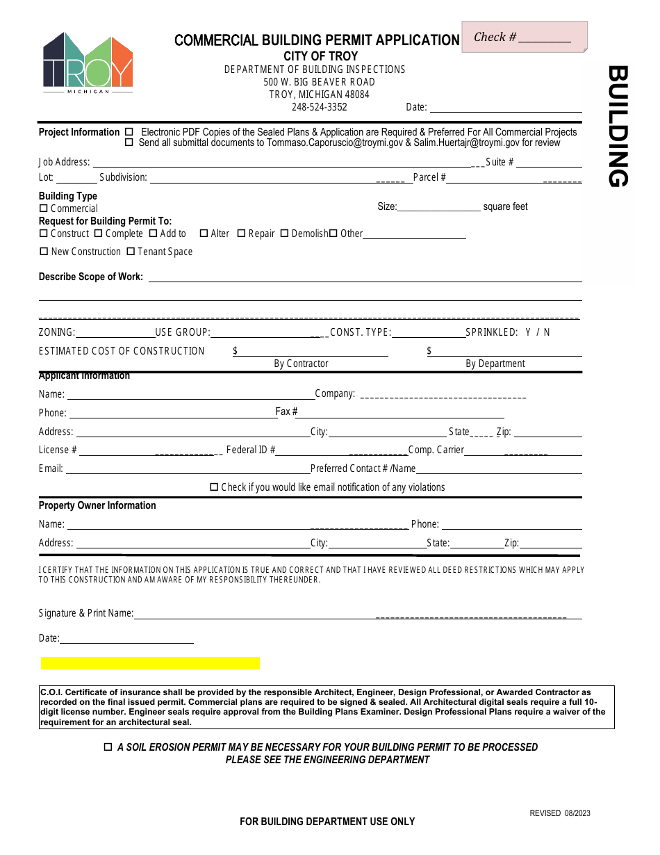 City of Troy, Michigan Commercial Building Permit Application Download ...