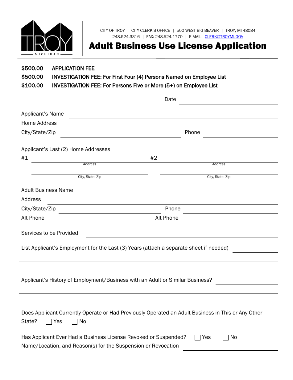 City of Troy, Michigan Adult Business Use License Application Download ...
