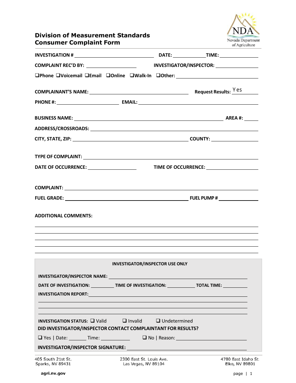Nevada Consumer Complaint Form - Weights & Measures - Fill Out, Sign ...