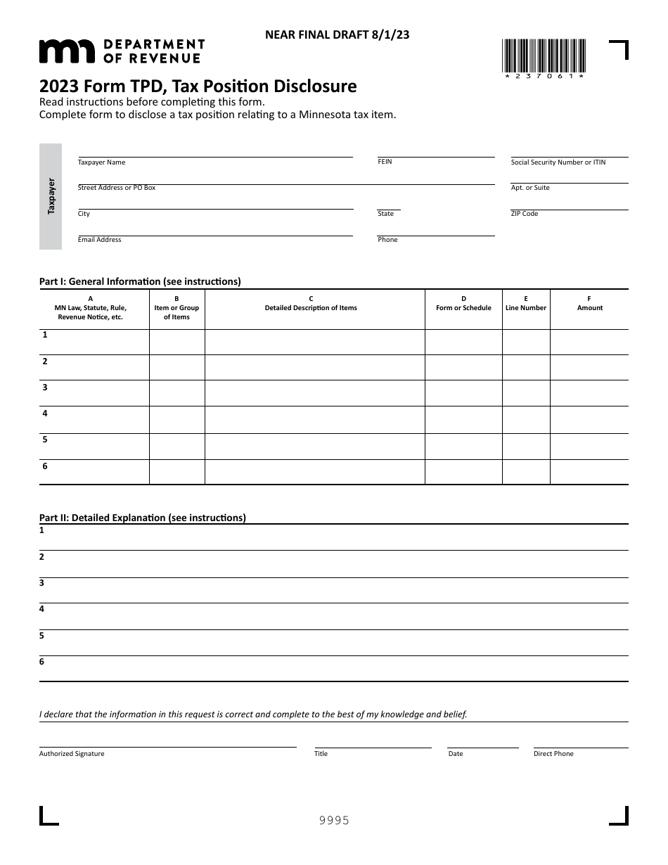 Form TPD Download Printable PDF or Fill Online Tax Position Disclosure ...