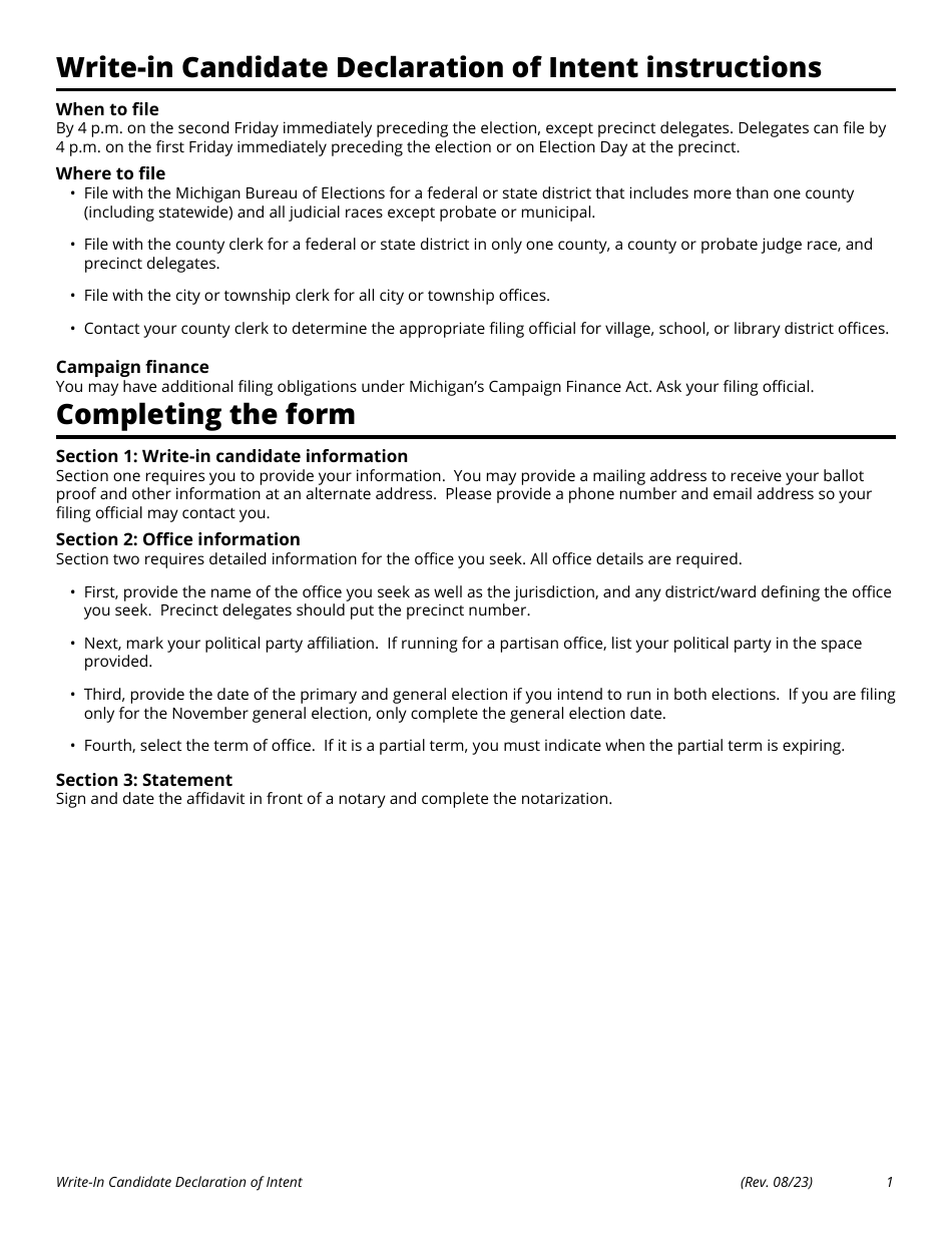 Michigan Write-In Candidate Declaration of Intent Download Fillable PDF ...