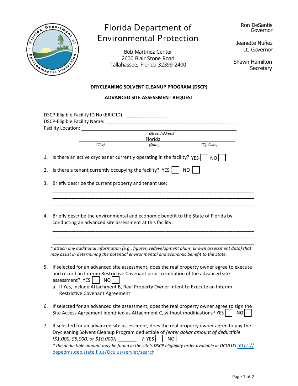 Florida Advanced Site Assessment Request - Drycleaning Solvent Cleanup ...