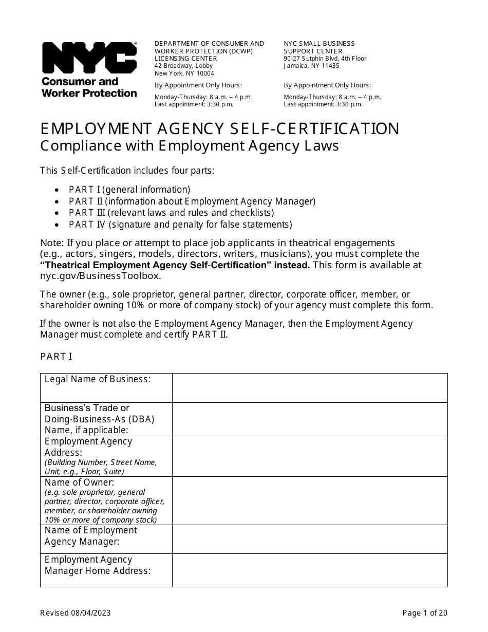 New York City Employment Agency Self-certification Download Printable ...