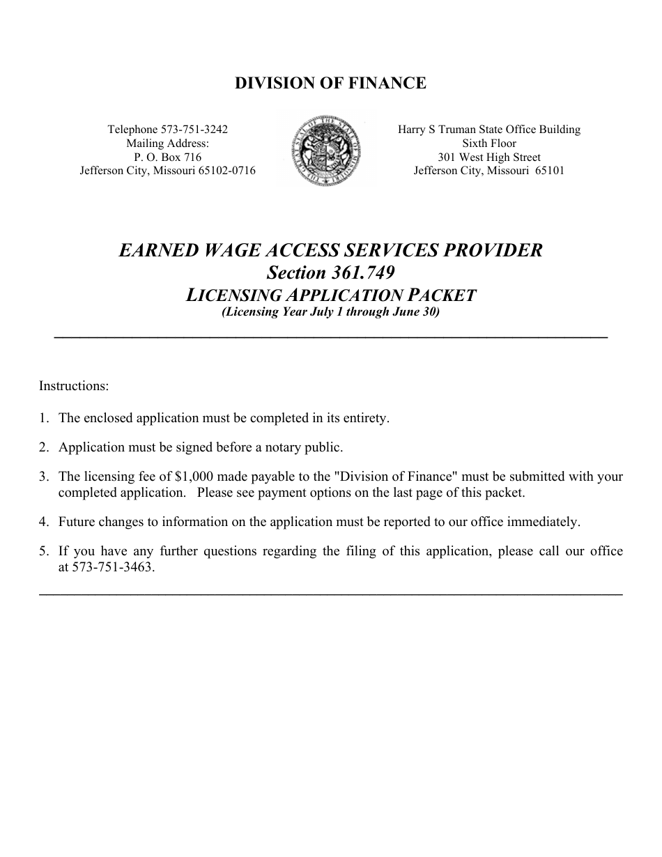 Missouri Application for Earned Wage Access Services Provider - Fill ...