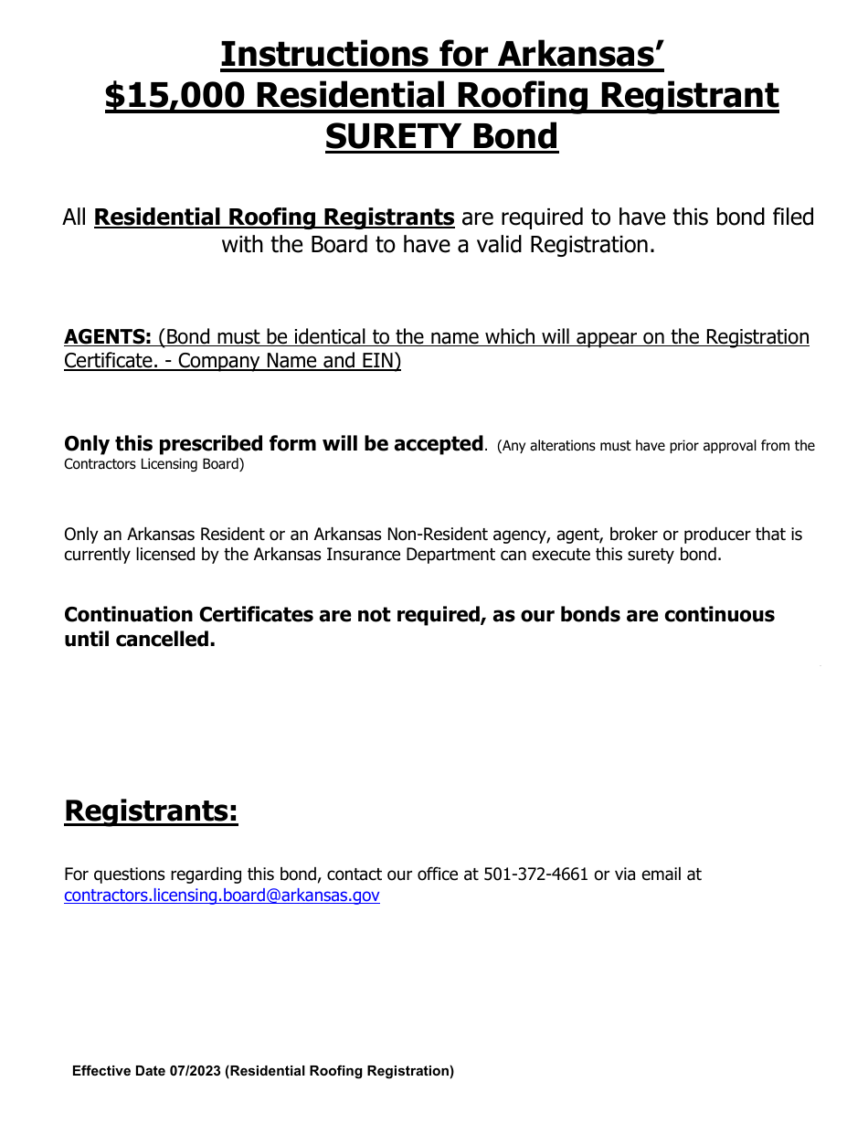 Arkansas $15,000 Residential Roofing Registrant Surety Bond - Fill Out, Sign Online and Download ...